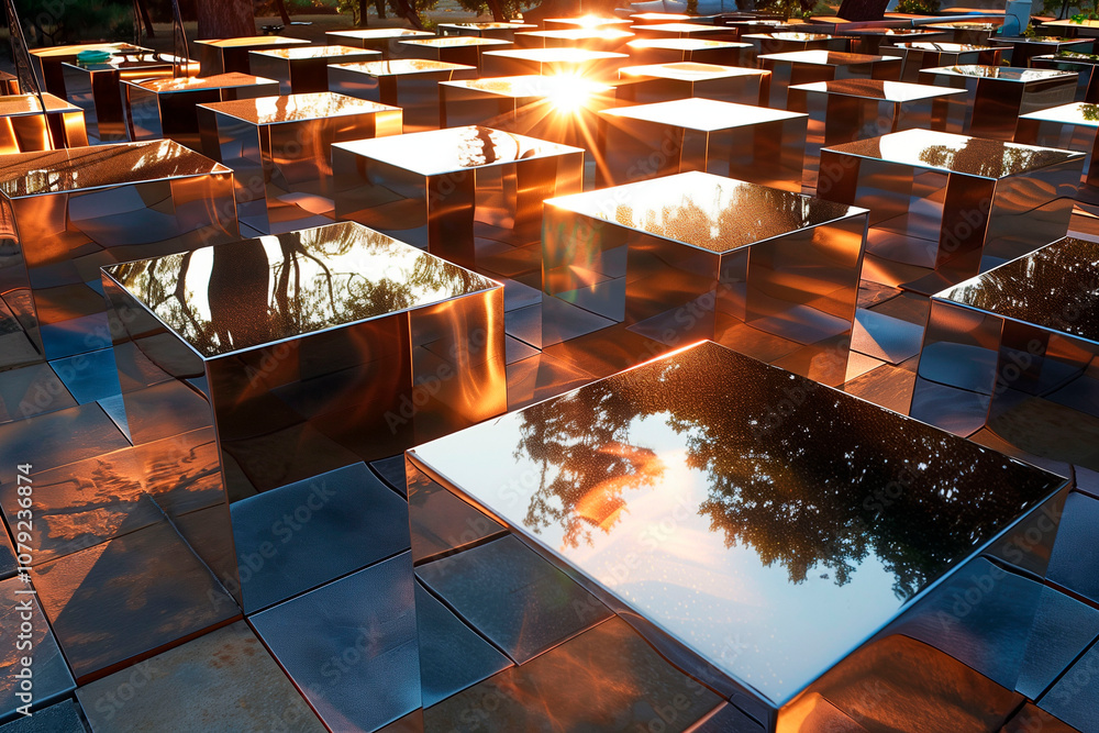Outdoor installation of reflective metallic cubes capturing sunlight ...