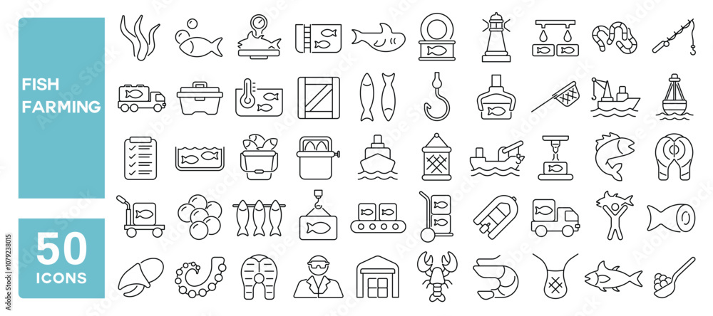 Set of 50 line icons related to fish farming, factory, canned, sardine ...