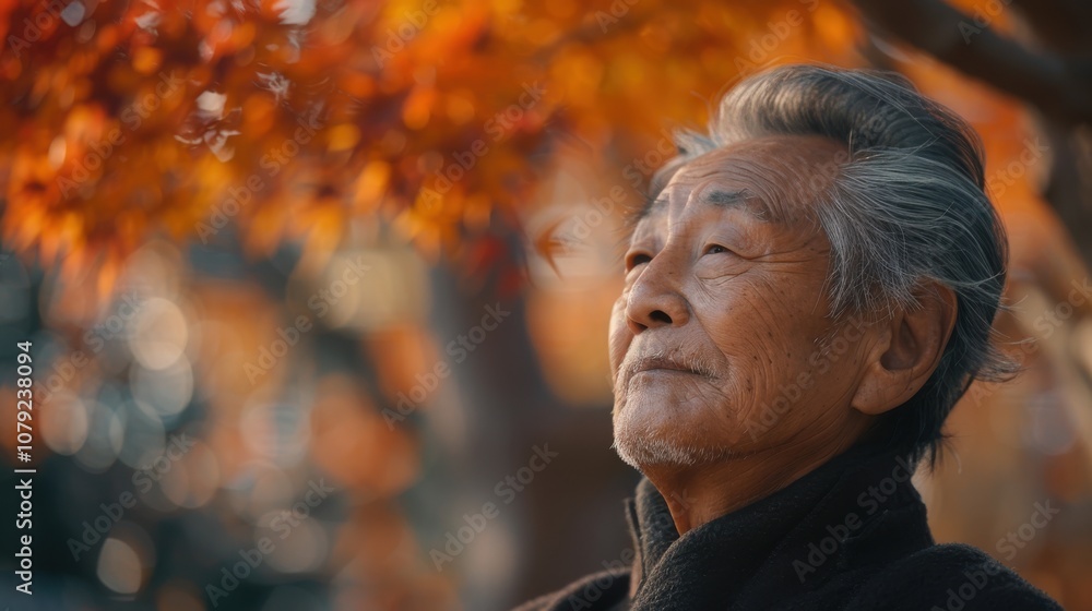 Surrounded by a spectrum of backgrounds, a dignified Asian elder's ...