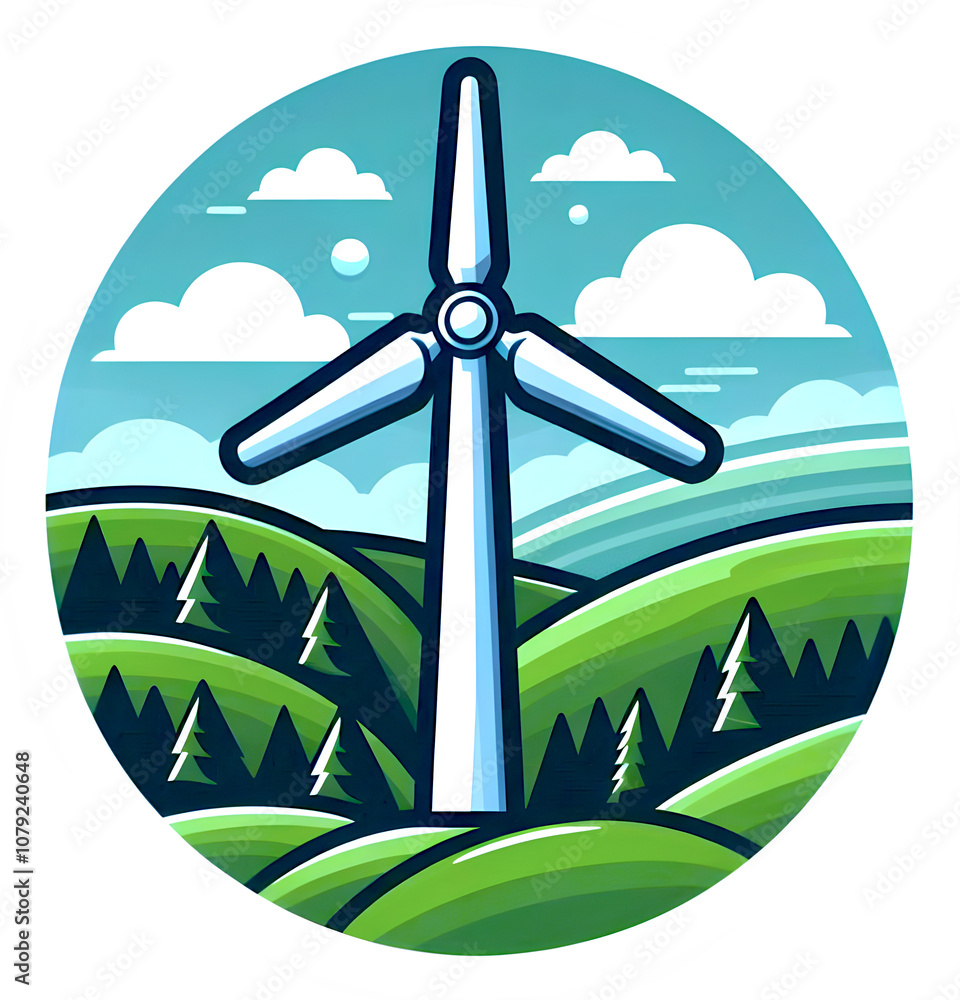 Wind turbine with green hills, PNG clipart illustration of renewable ...