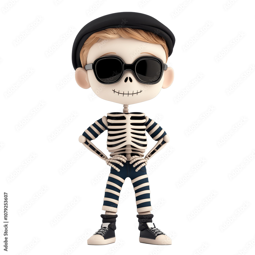 Cartoon boy in skeleton disguise poses with confidence on a transparent ...