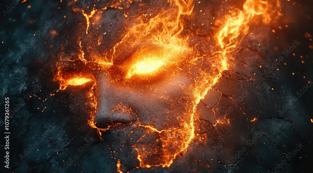 Fiery face emerging from the ground, a symbol of power and destruction ...
