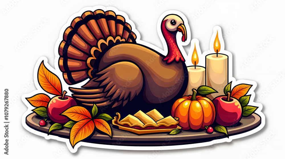 Artistic Thanksgiving Sticker Featuring a Cozy Turkey Among Autumn ...