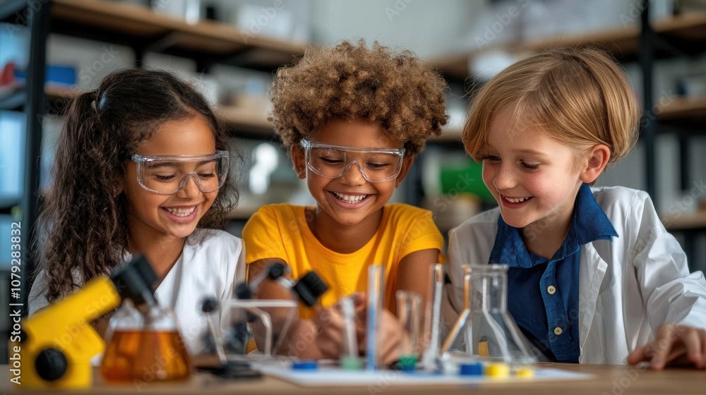 Foto de Stock In a lively classroom setting, three children excitedly ...