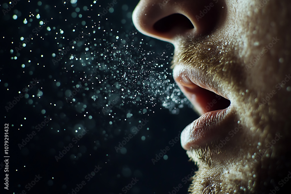 Magnified image of a person coughing, showing droplets of saliva that ...