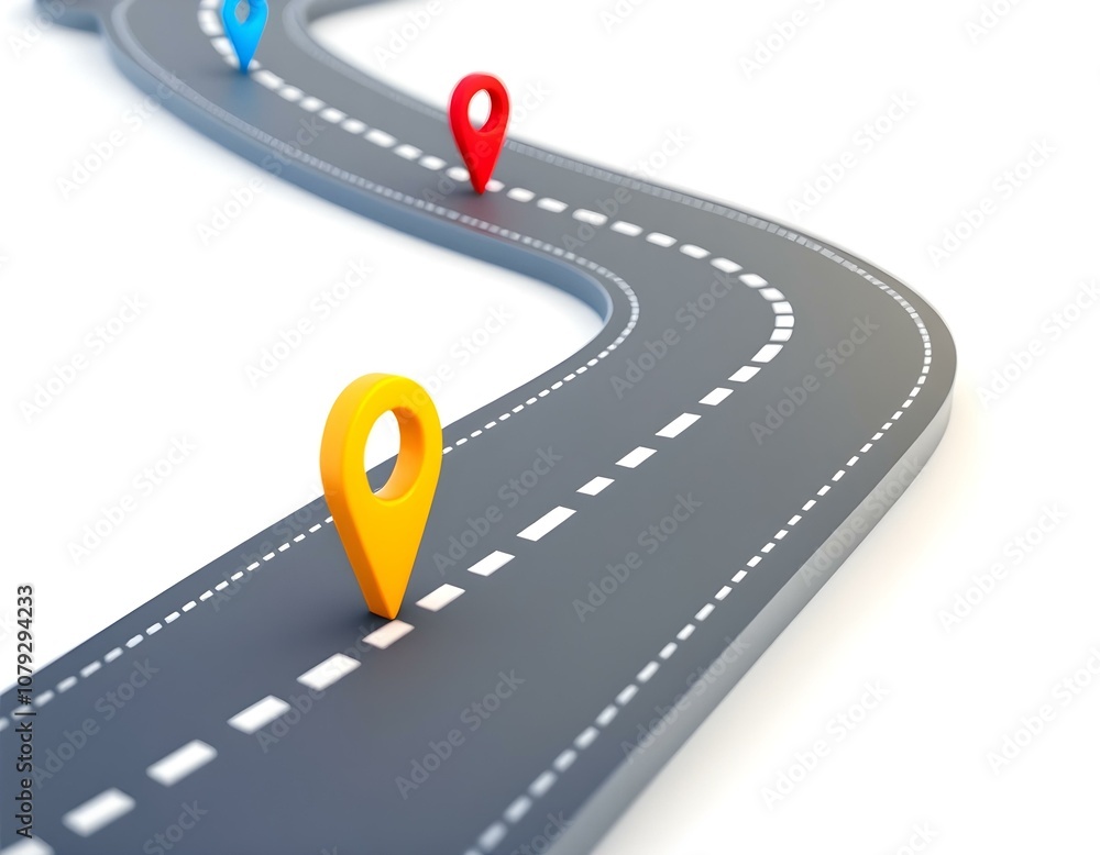 3D Curved Road with Colorful Milestone Markers and Dashed Lines ...