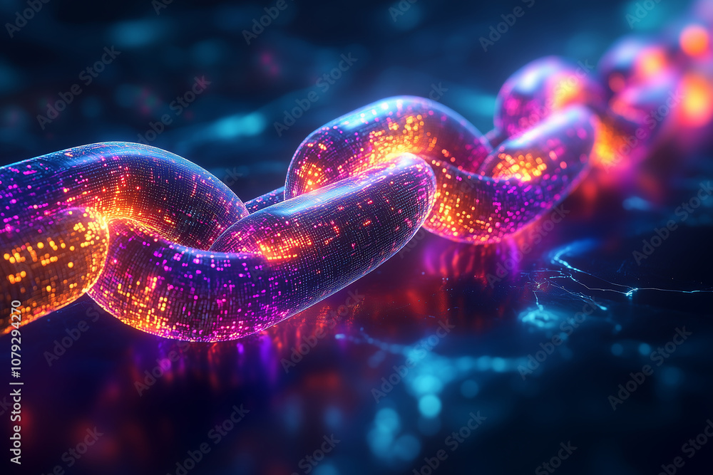 Digital blockchain network flowing with vibrant colors in a futuristic ...