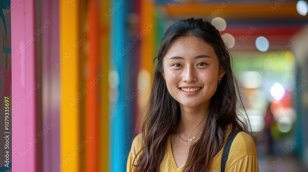 Amidst a spectrum of colors, a determined Asian student's poised ...