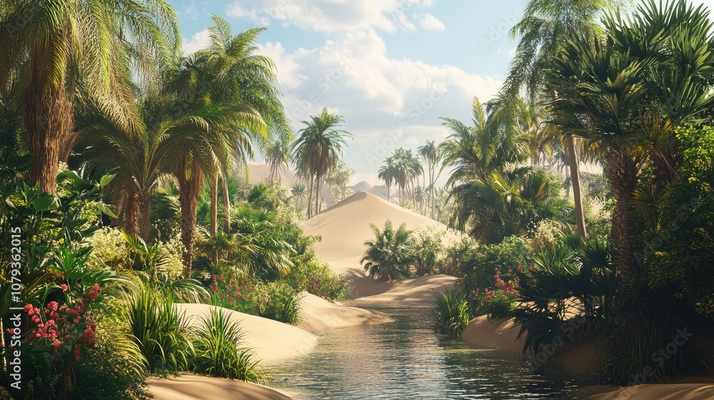 Tropical oasis in a desert landscape featuring lush greenery surrounded ...