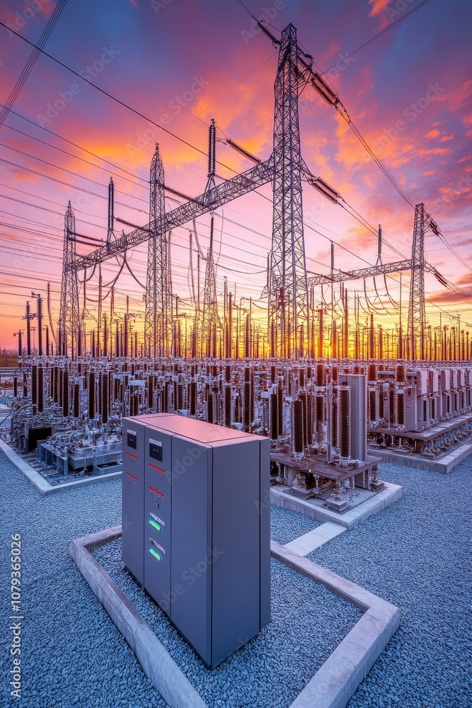 Power Grid at Sunset Electrical Substation with Switchgear ...