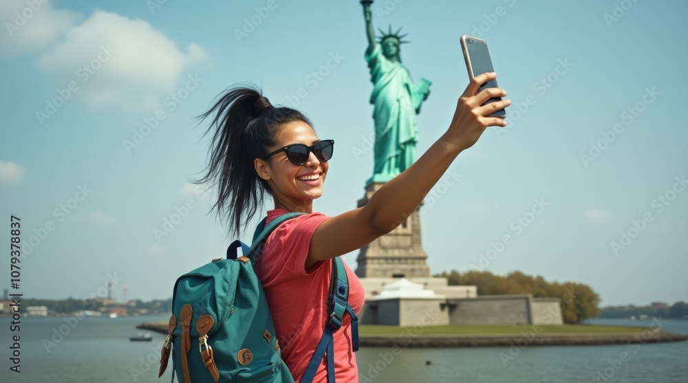 Exploring NYC: A Tourist Captures Selfies with the Statue of Liberty ...