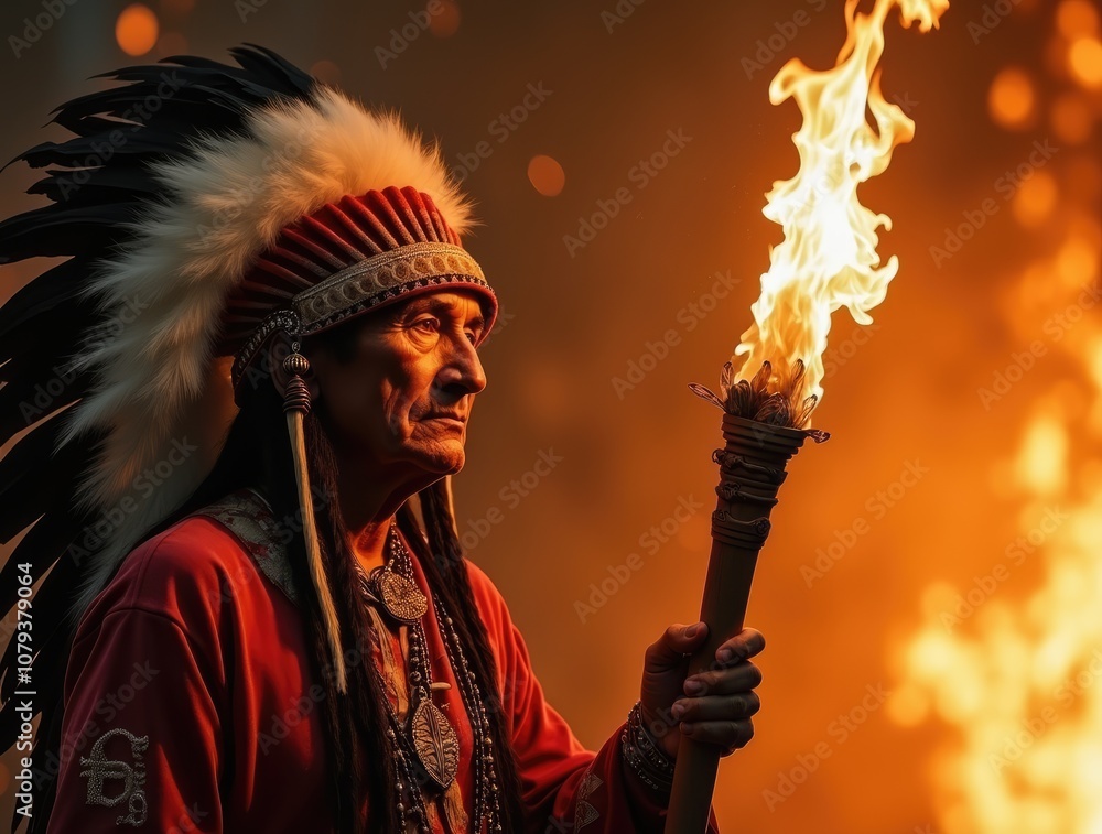 A Leader’s Flame: Indian Chief Holding a Torch and Displaying Symbolic ...