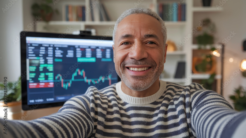 Foto Smiling middle-aged Black man taking a selfie in a modern home ...