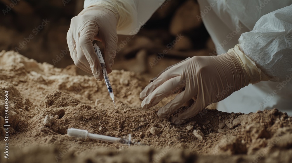 Gloved hands carefully extract samples from the earth, capturing the ...