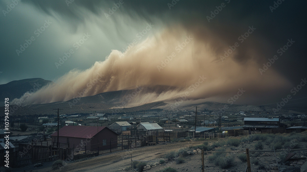 Dust Clouds Approaching Rural Town: A dust storm looming over a town ...