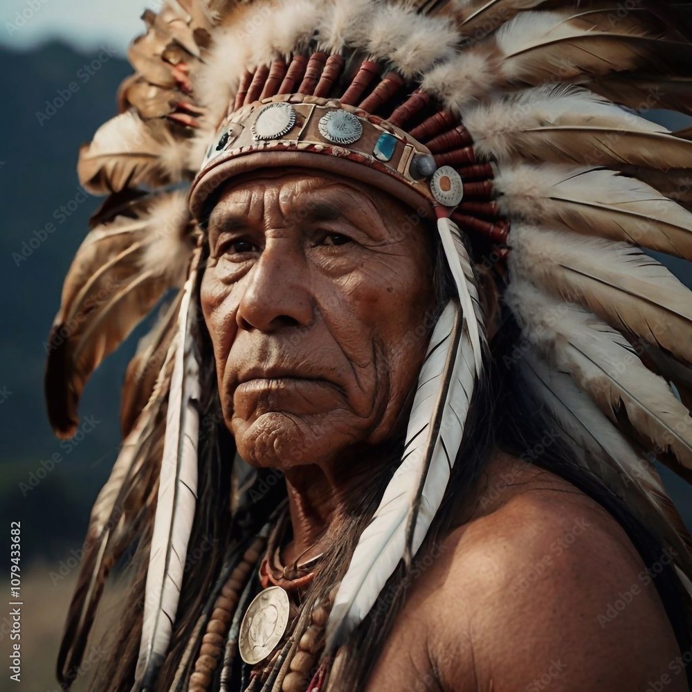 An elderly Indian man is a tribal chief with traditional coloring and ...