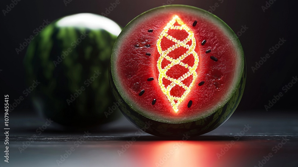 Watermelon cross-section, glowing DNA helix inside, symbolizing fruit ...