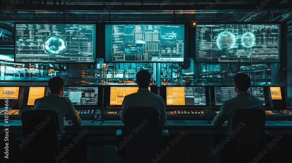 Team of employees analyzing conveyor system performance at a control ...