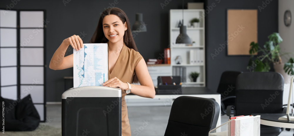 Young secretary destroying documents using shredder in office Stock ...