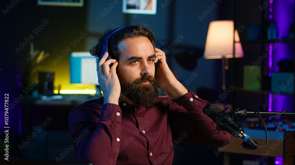 Tech expert testing headphones, review them for online streaming ...