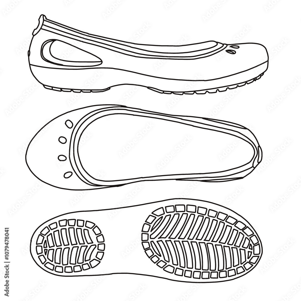 Women's Ballet Flats Shoes Line art, Technical sketch hand drawing ...