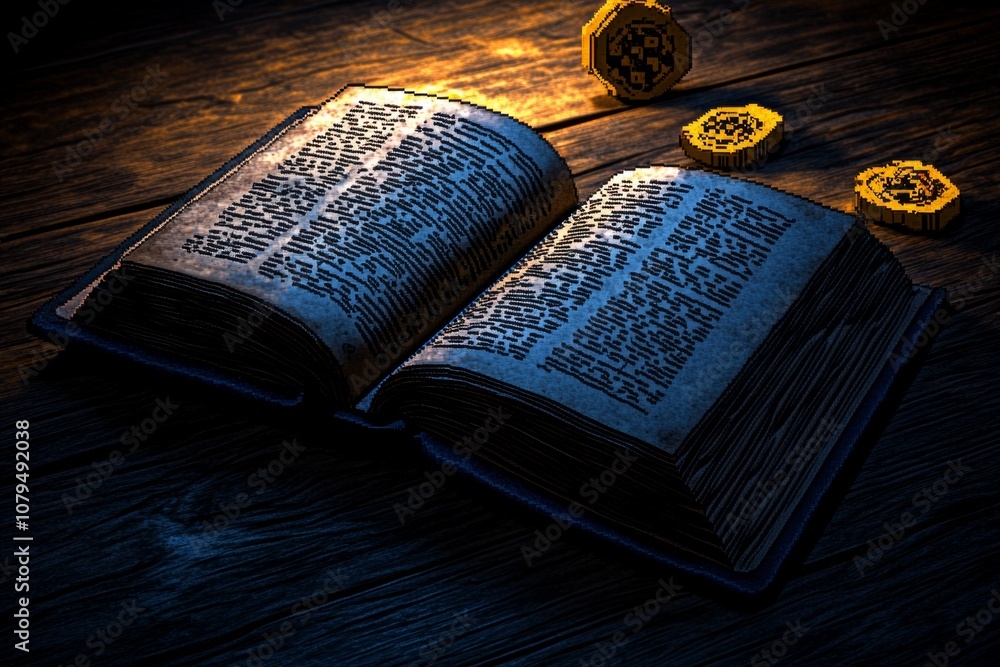 Pixel art of an old book with a worn cover, lying open with a few ...