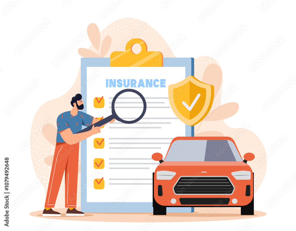 Car Insurance policy. Man with magnifying glass near clipboard and red ...