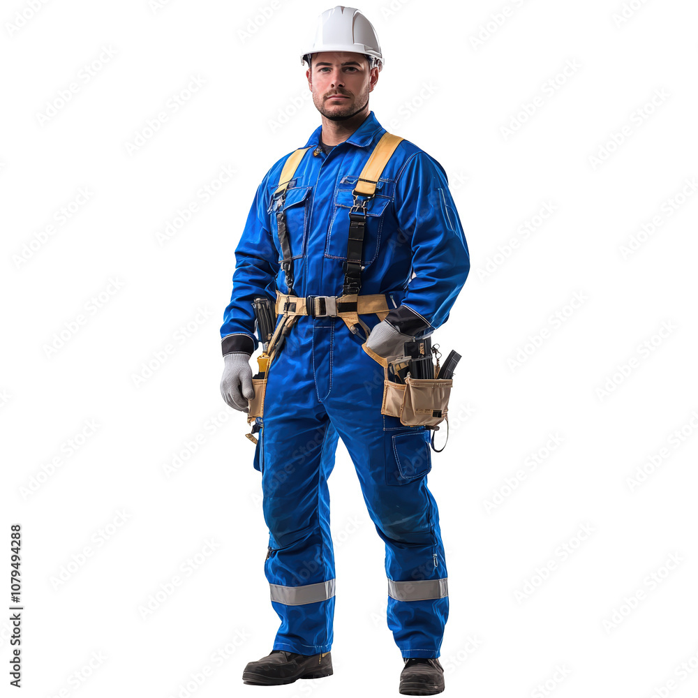 Male engineer in blue workwear and safety white helmet on transparency ...