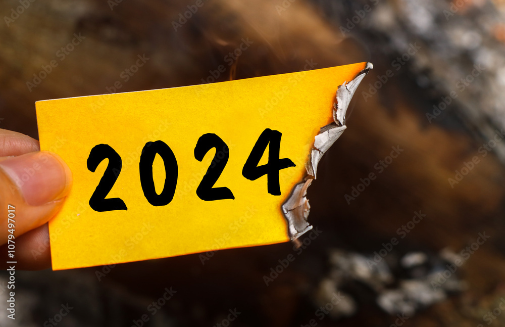 Hand holding a half-burnt note with 2024 written on it. new life and ...