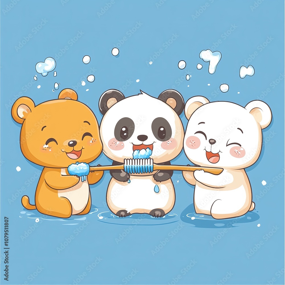Cute cartoon animals brushing teeth together children's illustration ...