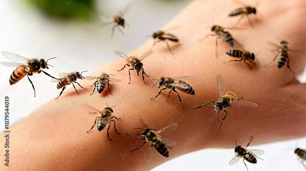 Swarm of bees on human skin surface, close-up view of honey bees ...