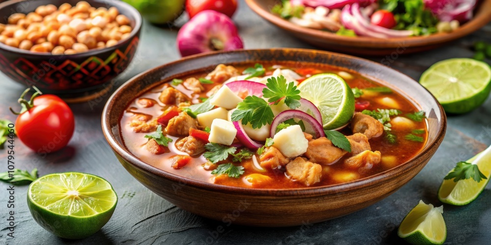 Traditional Mexican pozole soup with hominy and pork served with fresh ...