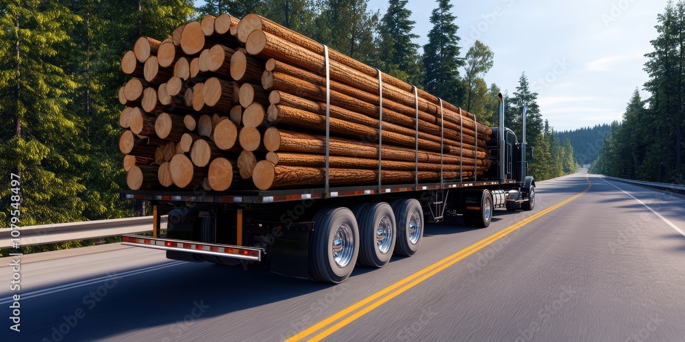 Transporting heavy industrial wood cargo back view of log carrier truck ...
