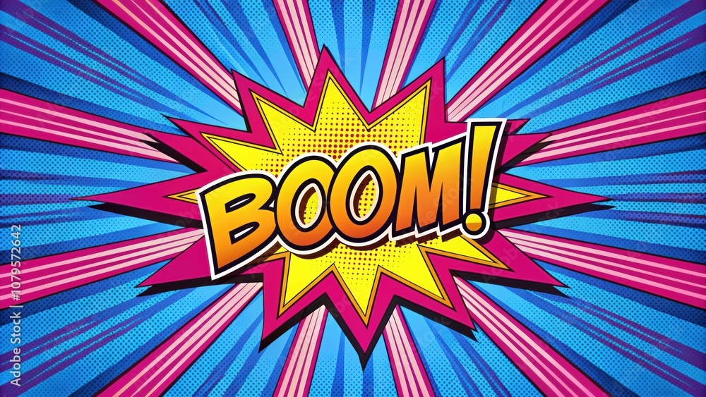 Pop art explosion with BOOM , colorful, vibrant, retro, comic book ...
