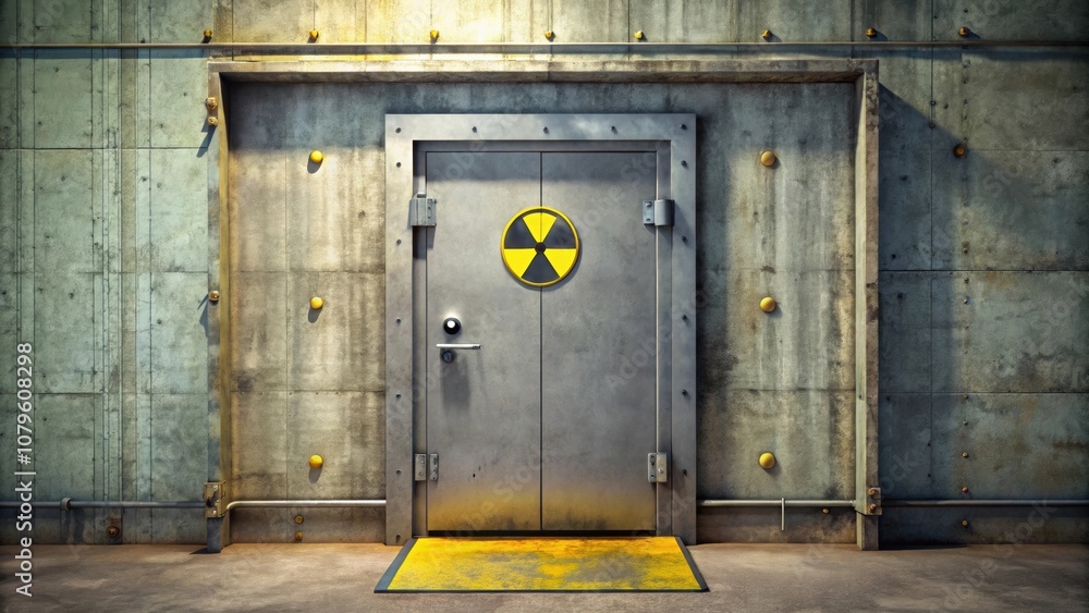 Entrance to a nuclear fallout shelter with warning signs and metal door ...