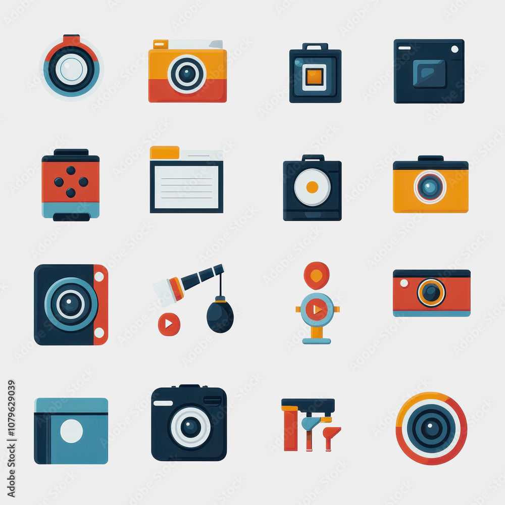 Colorful Set of Iconic Cameras and Photography Symbols Depicting ...