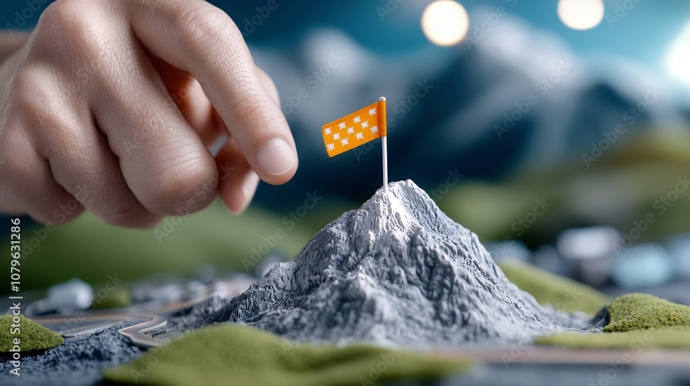 Hand Placing a Flag at the Top of a Model Mountain Symbolizing the ...