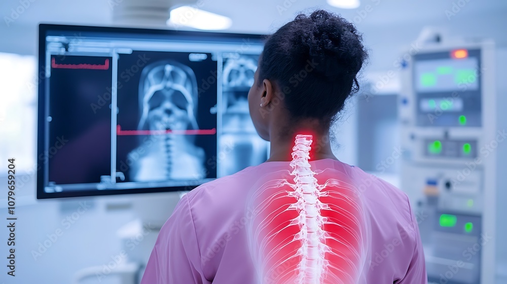 Close up view of a human spine X ray image displayed on a medical ...