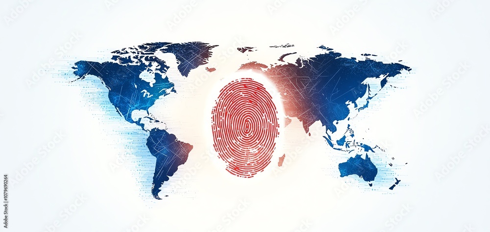 World map with a fingerprint overlay, symbolizing global identity and ...