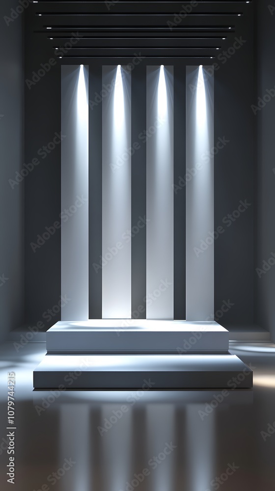 86. A minimalist 3D stage with soft lighting effects, floating panels ...