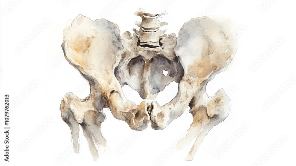 Watercolor illustration of human pelvis, detailed bone structure ...
