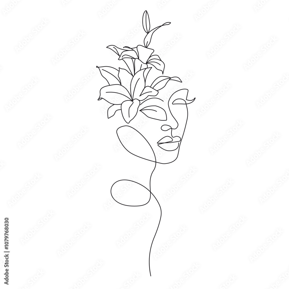 Continuous Line Drawing Of Plants on Female Head Black Isolated on ...