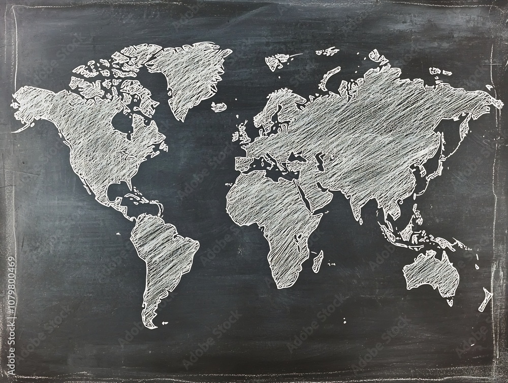 Chalkboard World Map with Continents and Countries Outlined in Simple ...