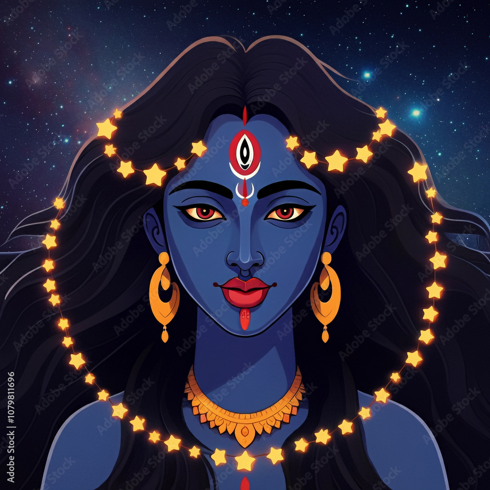 Goddess Kali is shown in a powerful form, with a fierce expression and ...