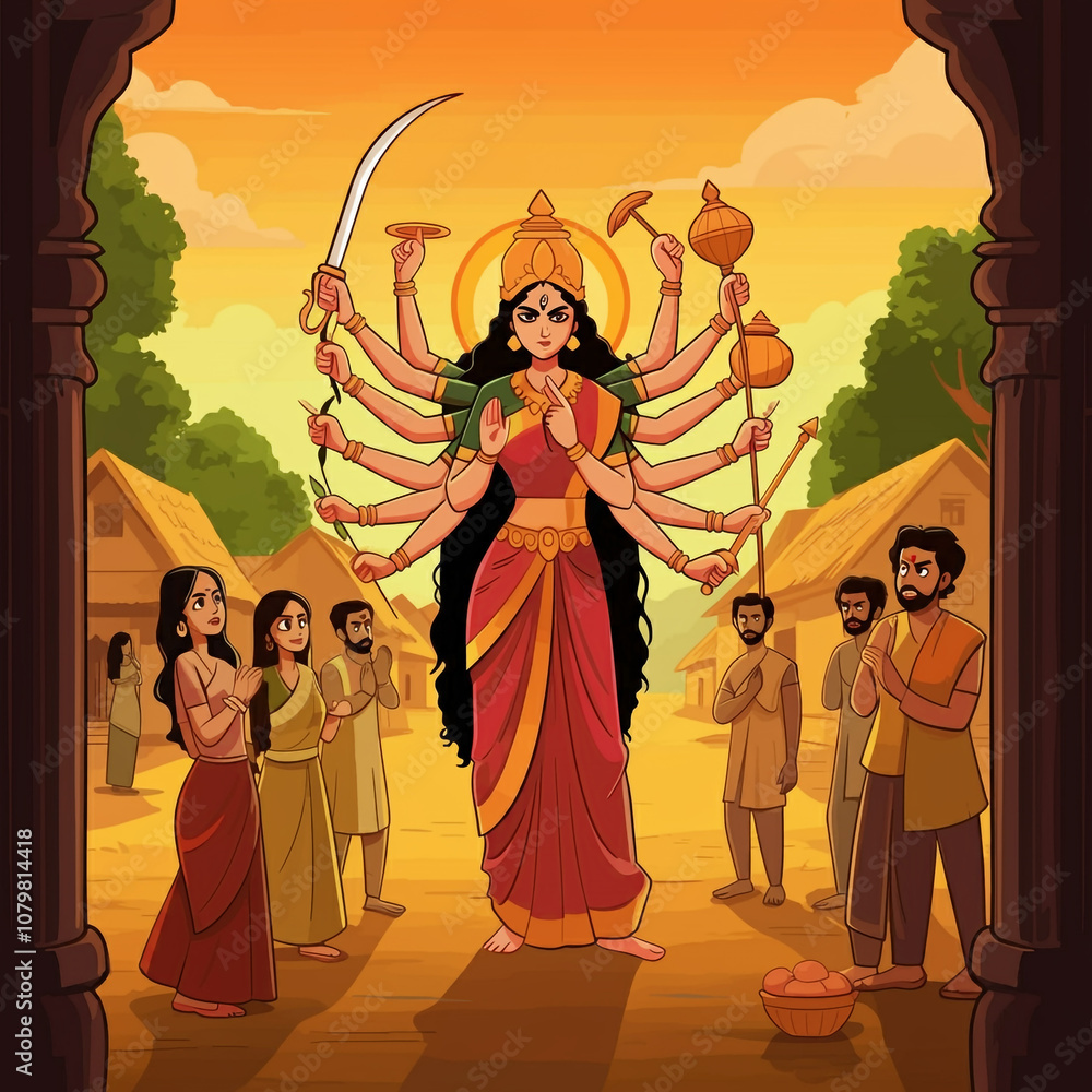 Goddess Durga with multiple arms, wielding weapons, and standing before ...
