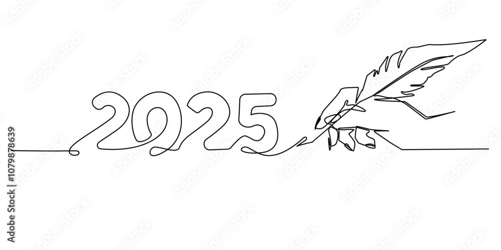 continuous line feather pen writing 2025.one line drawn 2025 new year ...