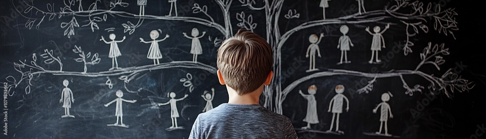 Boy Illustrates Family Tree on Blackboard with Stick Figure Drawings ...