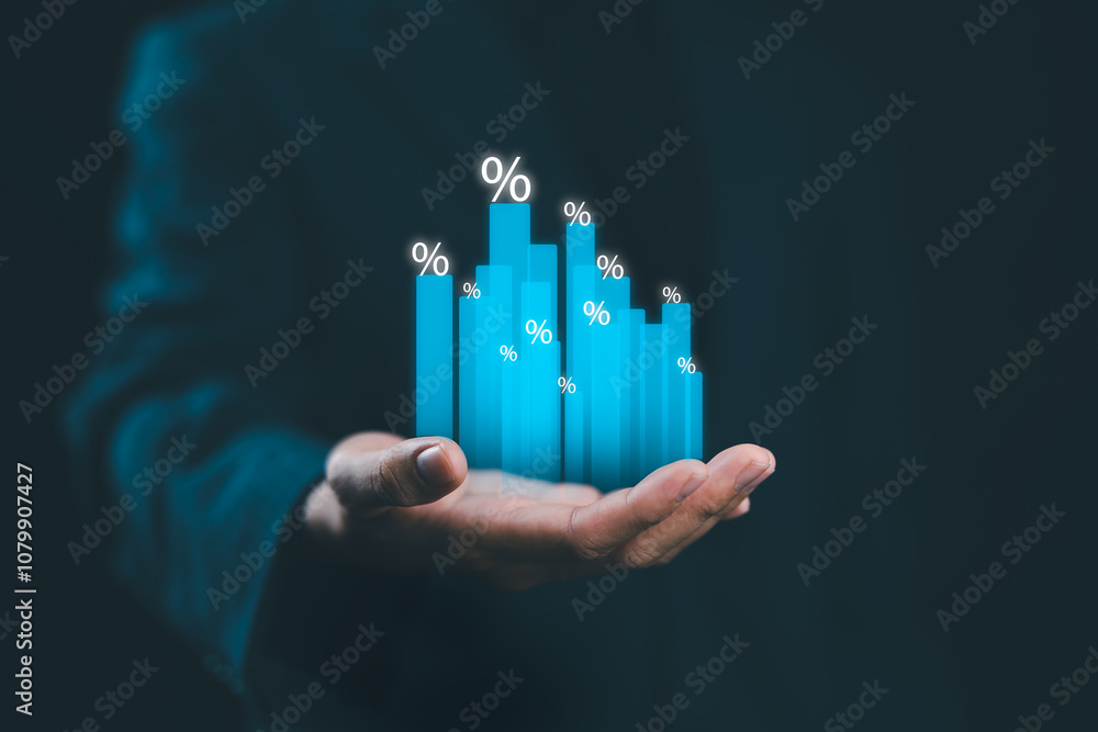 Hand holding graph with percentage, special offer of shopping ...
