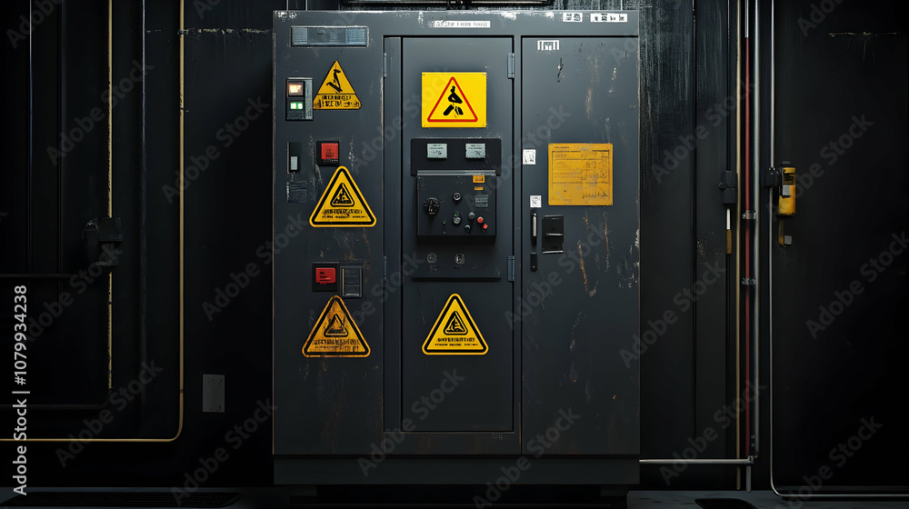 Electric Cabinet with Warning Signs a?" An industrial electric cabinet ...