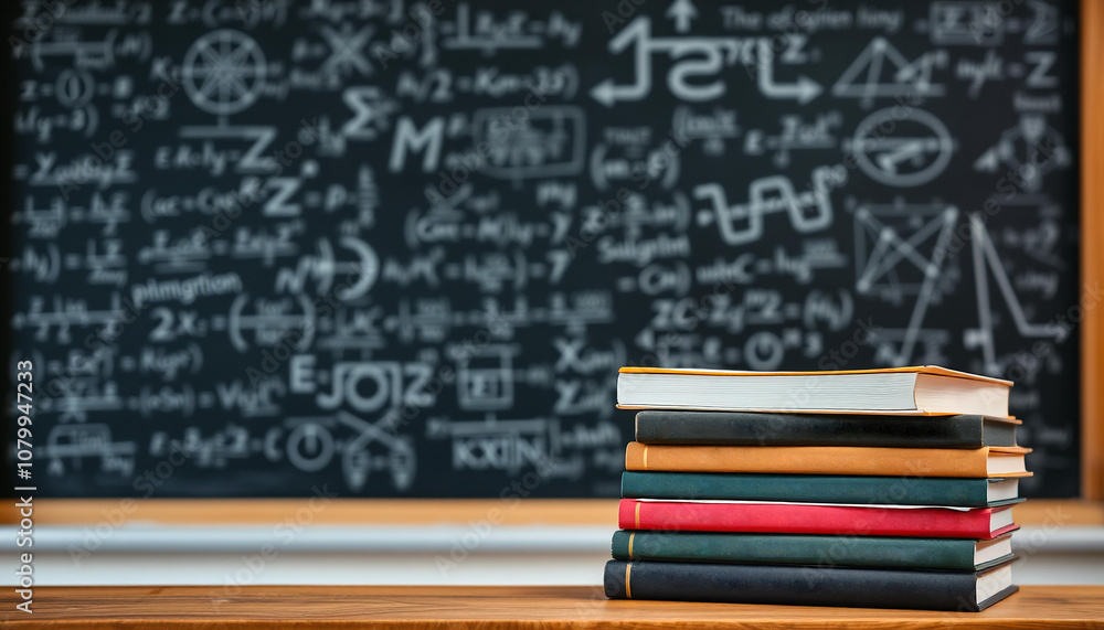 Stack of Books in Front of Blackboard with Math Equations, Educational ...